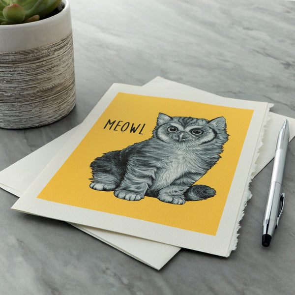 Meowl | Cat + Owl Hybrid Animal | 5x7" Greeting Card - Whatif Creations